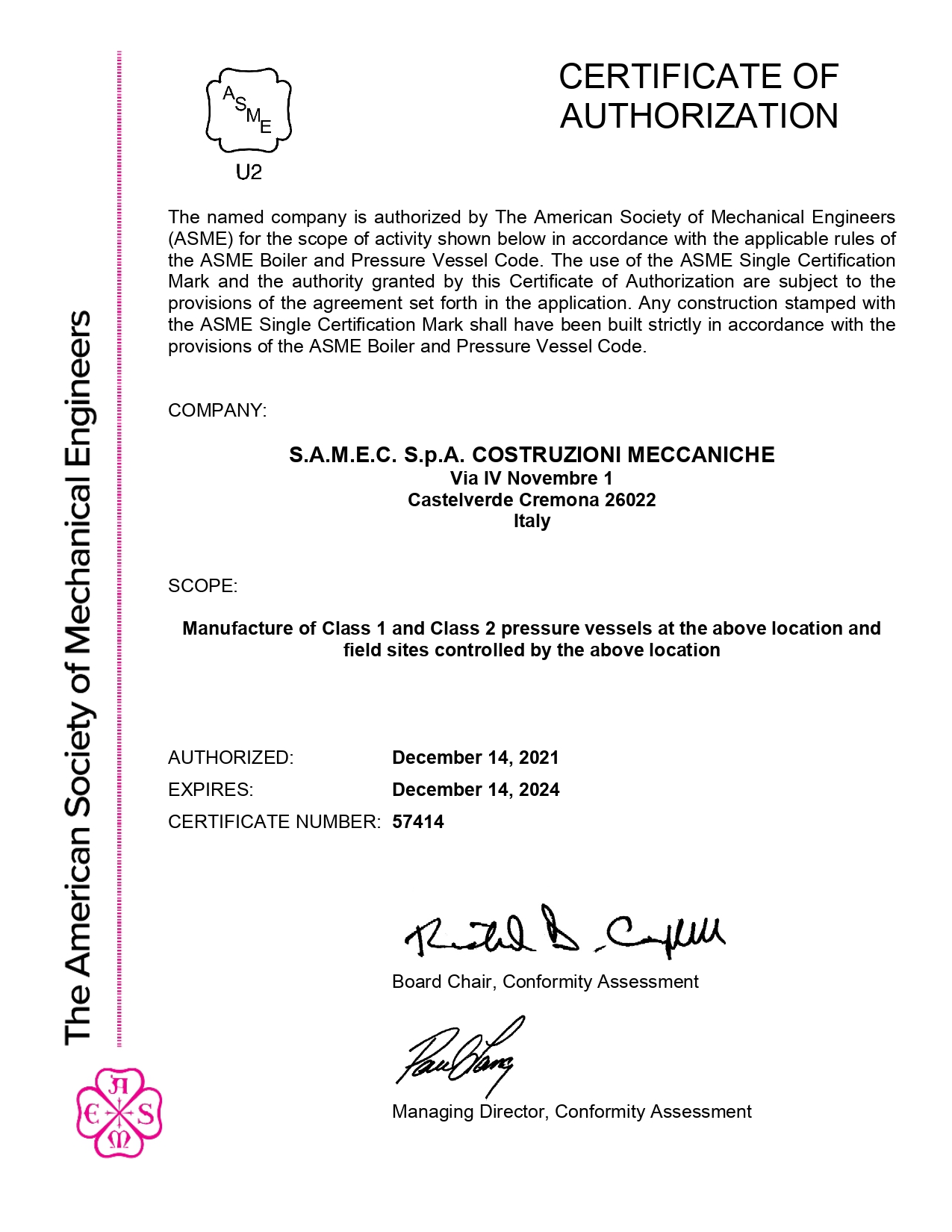 S.A.M.E.C. S.p.A. - Costruzioni Meccaniche - Qualità e Certificazioni